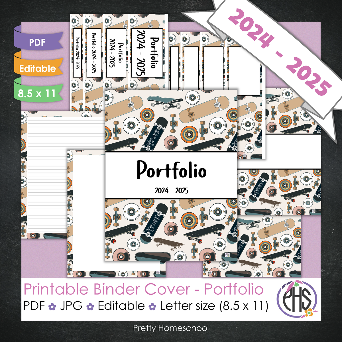 Editable and Printable Portfolio Binder Covers and Spines | Skateboard ...