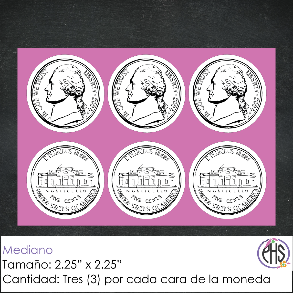 Stickers Monedas de cinco centavos 5¢ / Blanco y negro – Pretty Homeschool