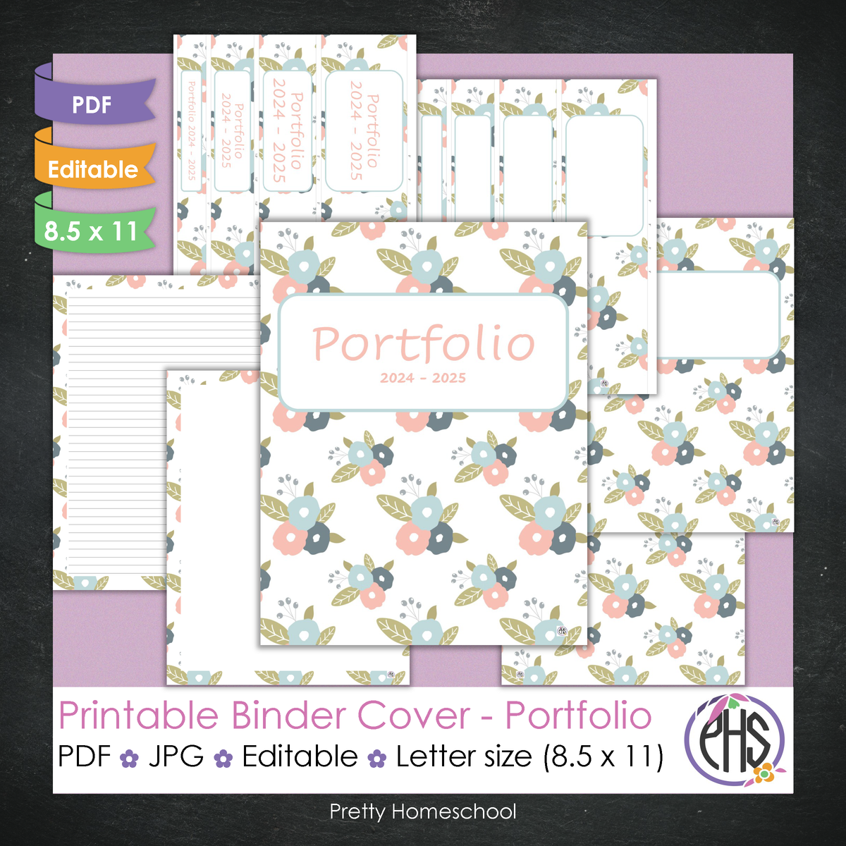Editable and Printable Portfolio Binder Covers and Spines | Pastel Flo ...