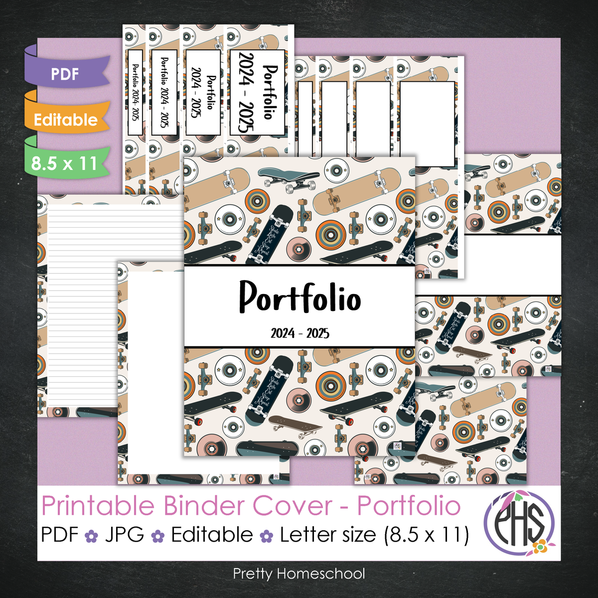 Editable and Printable Portfolio Binder Covers and Spines | Skateboard ...