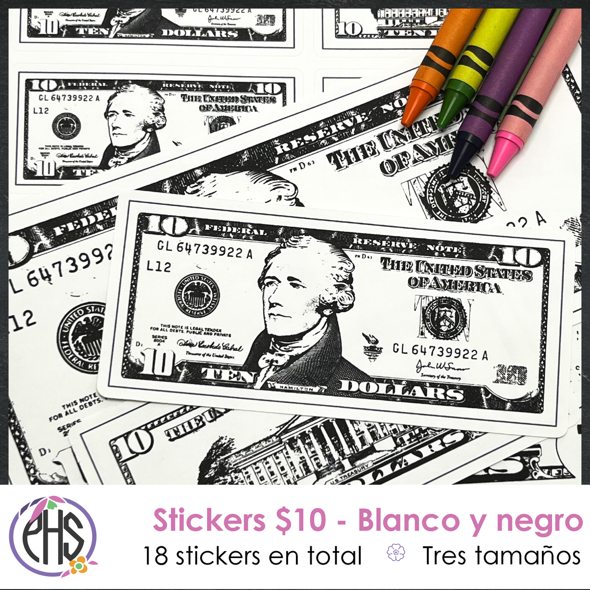 Stickers billetes de diez dolares $10 / Blanco y negro – Pretty Homeschool